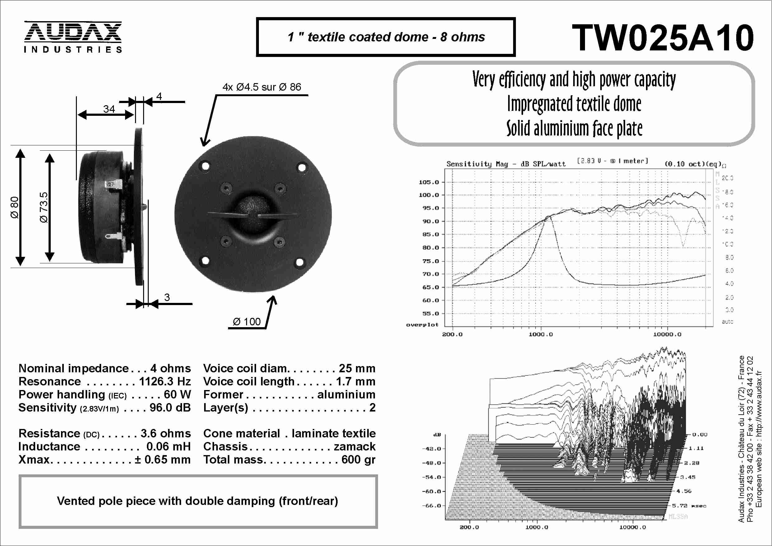 Audax TW025A10 tweeter da 25mm, 8ohm con membrana in tessuto trattato