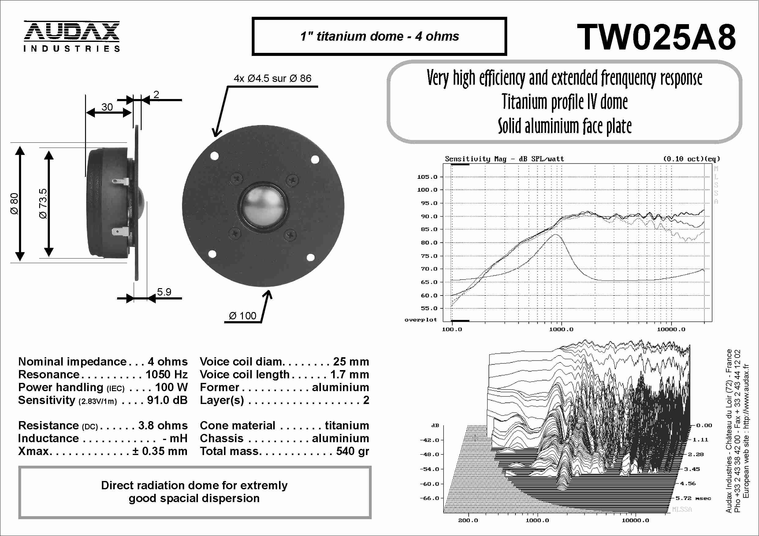 Audax TW025A8 tweeter da 28mm, 8ohm con membrana in titanio placcata oro